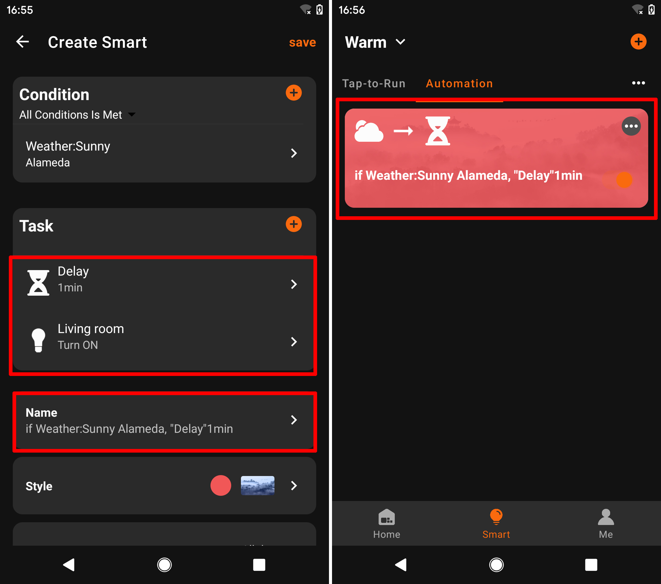 The created "delay" is displayed in the automation list of the "smart" interface.